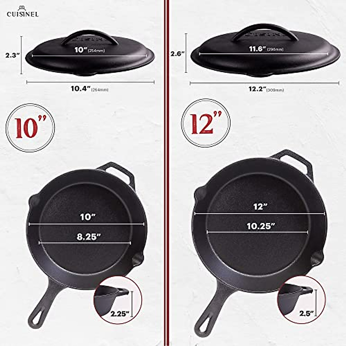 Cast Iron Skillet Set with Lids - 10"+12"-inch Pre-Seasoned Covered Frying Pan Set + Silicone Handle and Lid Holders + Scraper/Cleaner - Use Indoor/Outdoor, Oven, Stovetop, Fire, BBQ Kitchen Cookware