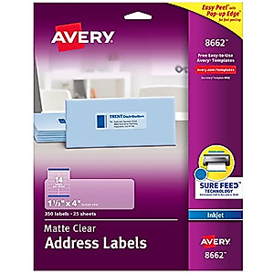 Avery Printable Address Labels with Sure Feed, Matte Clear, 1-1/3" x 4", 350 Mailing Labels (08662)