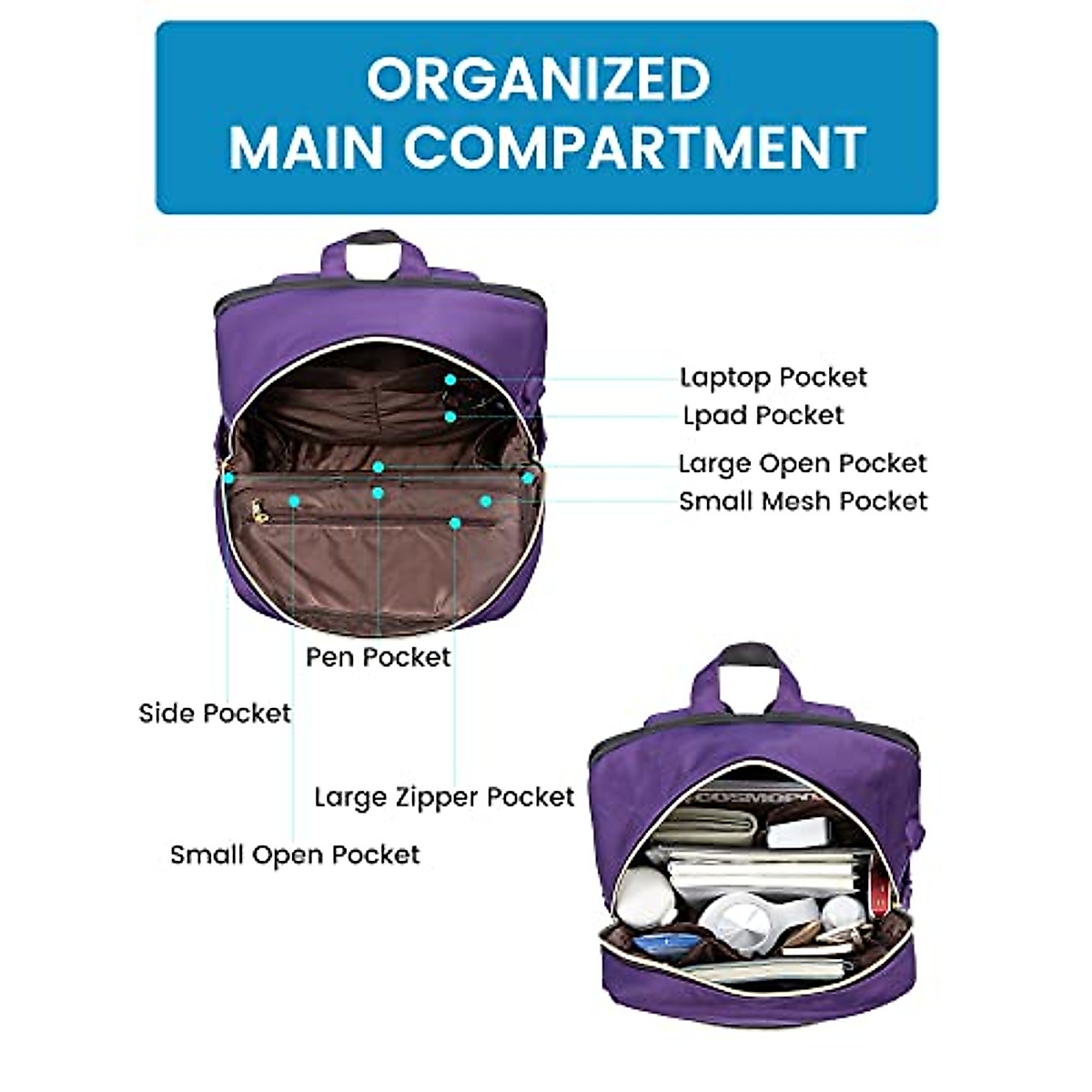 LOVEVOOK Laptop Backpack Women, 15.6 inch Lightweight Smart Work Backpack Travel Bag, Casual Daypack for Business Commuter, Water Resistant Book Bag with USB Charger for College, Purple