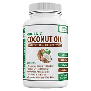 Organic Coconut Oil Capsules 2000mg - 100% Extra Virgin, Cold Pressed for Healthy Skin, Extra Hair Growth, Nail Care, Brain Booster - 120 Softgels - Unrefined Pure & Non GMO Pills - Rich in MCT