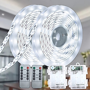 JUNWEN Battery Operated LED Strip Lights with Remote Daylight White, Timer, Dimmable, Waterproof, 13.2ft 240 LED Light Strip Suitable for Stairs, Wardrobe, Kitchen, Bedroom, Party, 2 Pack of 6.6ft.