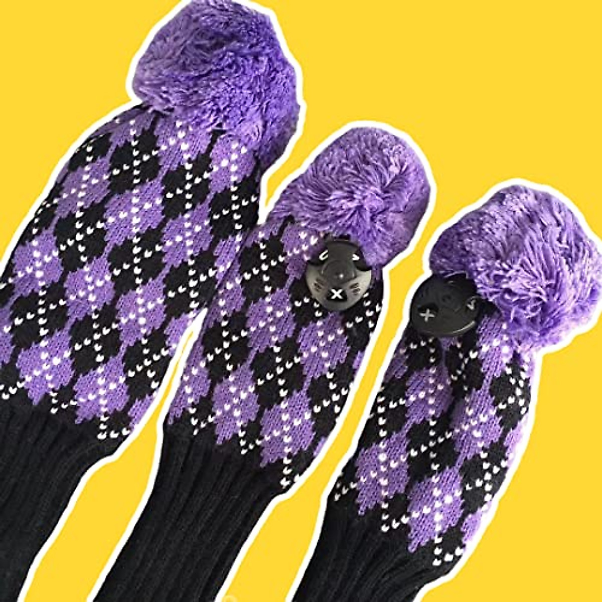 3pcs Knit Golf Club Head Covers,Golf Driver 3 5 Fairway Woods Covers, Pom Pom Golf Wood Headcovers Covers for Driver, 3 5 Woods - Purple