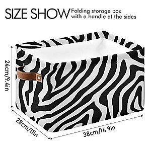 African Animal Zebra Print Storage Basket Large Foldable Storage Organizer Cubes Bins with Leather Handles Sturdy Collapsible Boxes for Shelf Cloth Toy Closet (1 Pack)