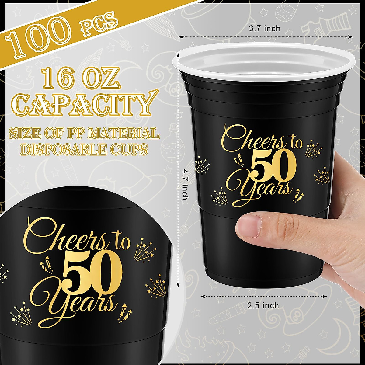 Mifoci 100 Pack Cheers to 40 50 60 70 Years Birthday Cups 16 oz Disposable Party Cups Decorations for Birthday Party Favors Men Women Wedding Anniversary Supplies(50th)