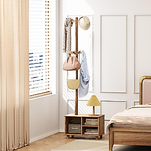 Yoimori Coat Rack, Wooden Coat Rack Freestanding with Storage Cabinet and 12 Hooks, Coat Tree,Sturdy Coat Rack Stand for Entryway, Hallway, Bedroom, Living room, Office, Coats, Bags, Hats(Brown)