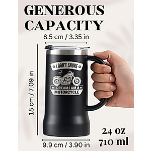 Onebttl Motorcycle Gifts for Men, I Don't Snore I Dream I'm a Motorcycle, Stainless Steel Beer Stein Tumbler, 24oz Beer Mug with Lid