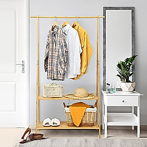 Tangkula Bamboo Garment Rack, Freestanding Clothes Rack with 2-Tier Storage Shelves, Easy Assemble, Space-Saving Clothing Rack for Entryway, Bedroom (Natural)