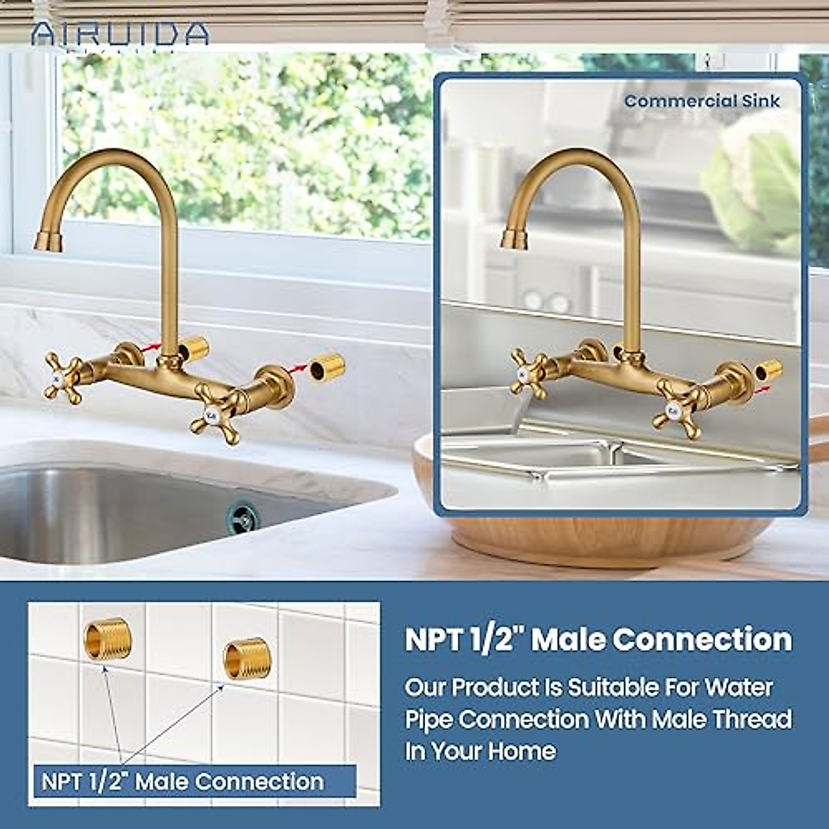 Airuida Antique Brass Wall Mount Kitchen Sink Faucet, Wall Mounted 8 Inches Center Faucet, Wall Mounted Commercial Kitchen Faucet, 360 Degree Swivel Spout Mixer Commercial Tap with Female Thread