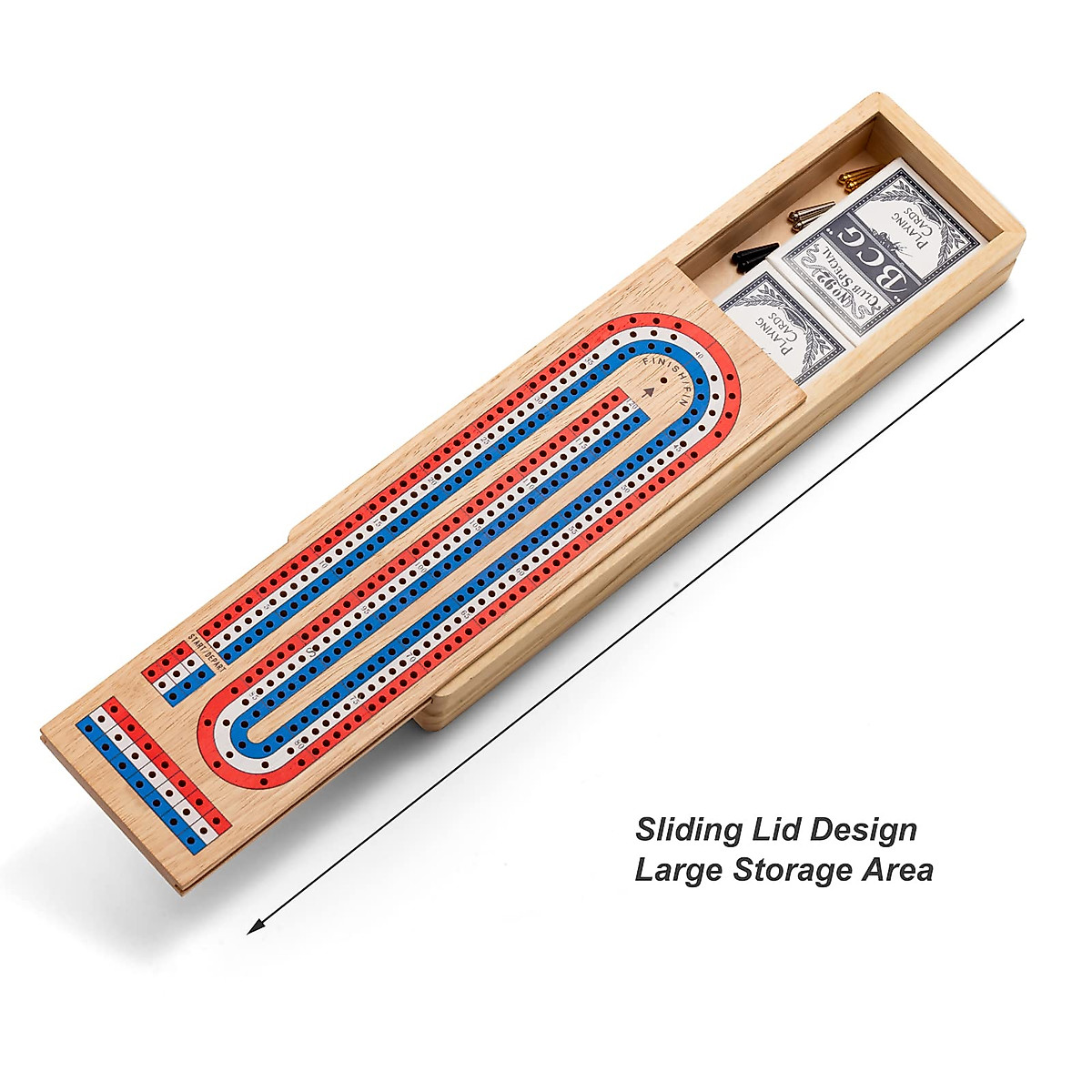 Ceebyfa Cribbage Board Game Set with Large Storage Area, Solid Wood 3 Track Cribbage Board, 9 Metal Pegs, 2 Playing Cards and Instruction. Portable Travel Board Game for All Ages.