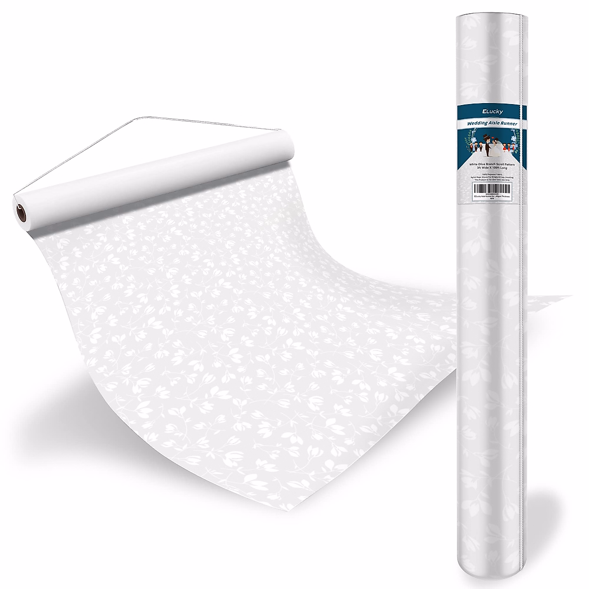 EZLucky Aisle Runner for Wedding Ceremony 3X100 ft, White Olive Branch Scroll Pattern, Pull String Included, Perfect for Wedding, Parties, Christmas Decor, Indoor & Outdoor Use 40gsm Thickness