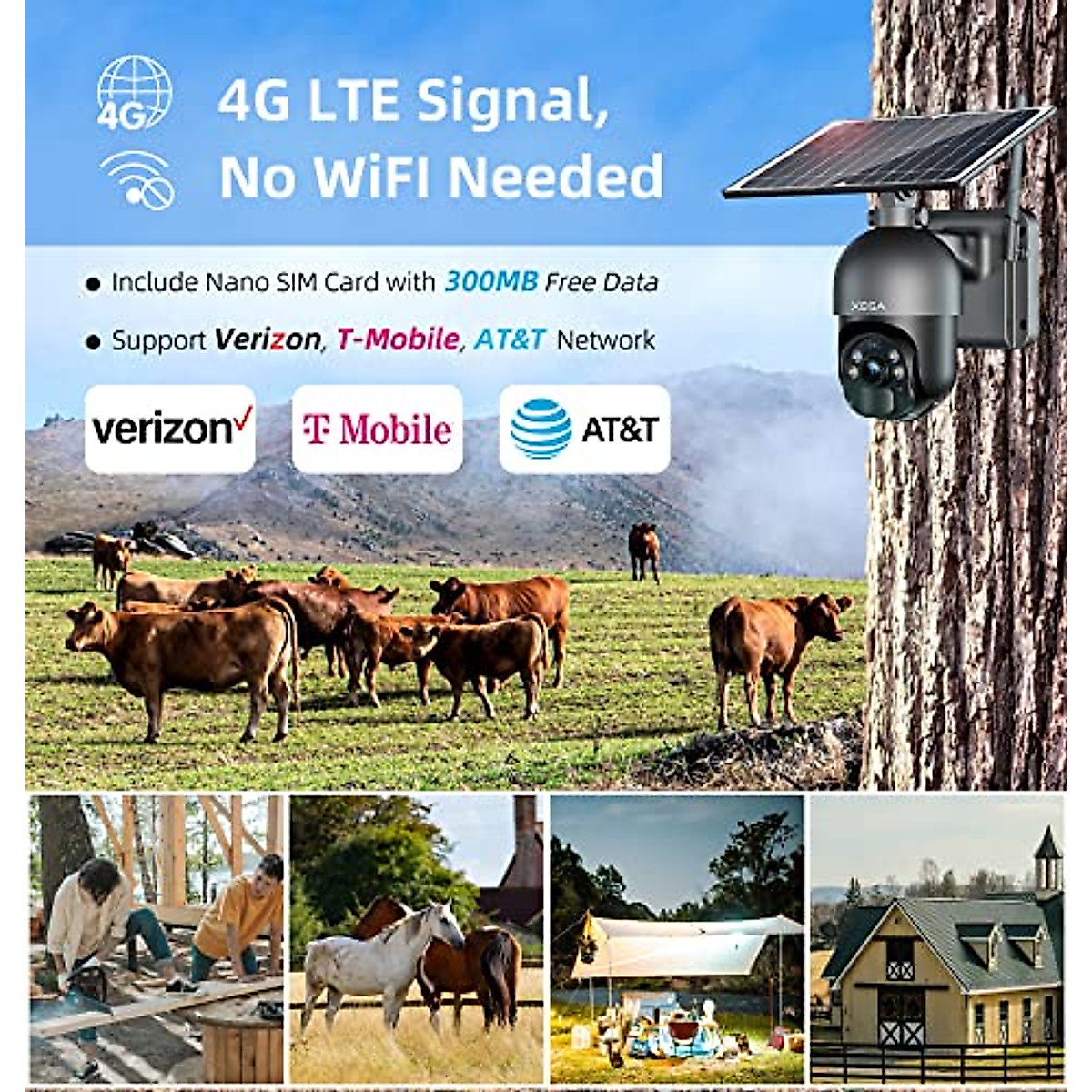 Xega 4G LTE Cellular Security Camera Outdoor Solar Camera Wireless, 2K HD Color Night Vision PTZ 360° View, Smart PIR Motion Detection, 2 Way Talk, No WiFi, SIM Card Included, IP66 - US Version