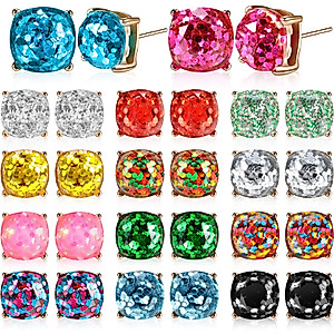 14 Pairs Valentine's Day Faux Druzy Earrings Faceted Square Glitter Stud Pierced Earrings Stainless Steel Bohemian Druzy Stud Earrings Set for Women Present