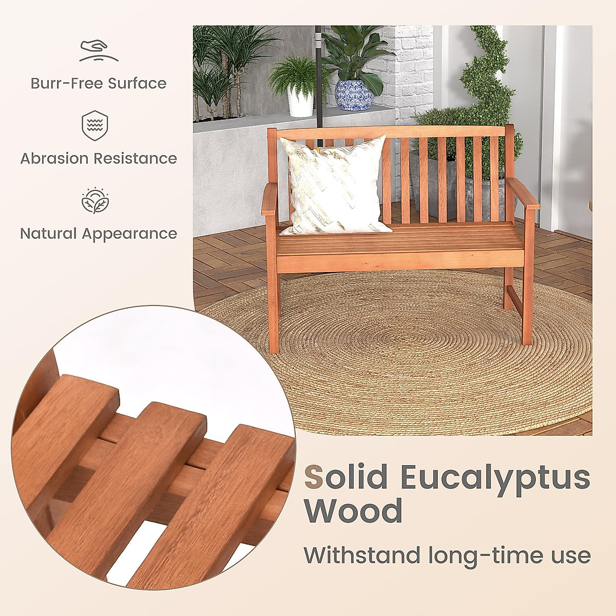 Giantex Outdoor Bench, Wood Patio Bench with Cozy Armrests & Backrest, Slatted Sitting Area, Eucalyptus Wood Frame, 2-Person Loveseat for Park, Porch, Yard, 800 lbs Max Load, Garden Bench (Eucalyptus)