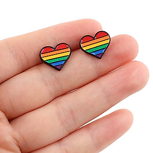 Bezelye Lesbian Gay Earring Stud, Rainbow Heart Ear Studs, Blue Pink and White Heart Stud Earrings (Gay), White,Pink,Rainbow