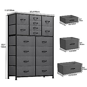 YITAHOME 16 Drawer Dresser, Tall Fabric Dresser for Bedroom, Large Chest of Drawers, Gray Dresser for Bedroom Closet Living Room Entryway with Sturdy Metal Frame and Wooden Top (Black Gray)