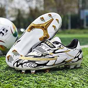 Fenlogft Kids Soccer Cleats Boys Girls Turf/FG/AG Athletic Football Shoes with Tape and Multiple Stud Types, Low-Top Leather Upper Sneakers (Gold Spike,1,Little Kid,Little_Kid)