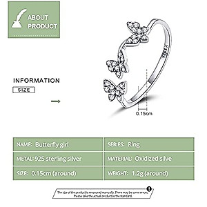Qings 925 Sterling Silver Butterfly Ring with Shiny Cubic Zirconias, Animal Adjustable Open Ring Birthday Anniversary Jewelry for Women, Adjustable Size 6 to 8