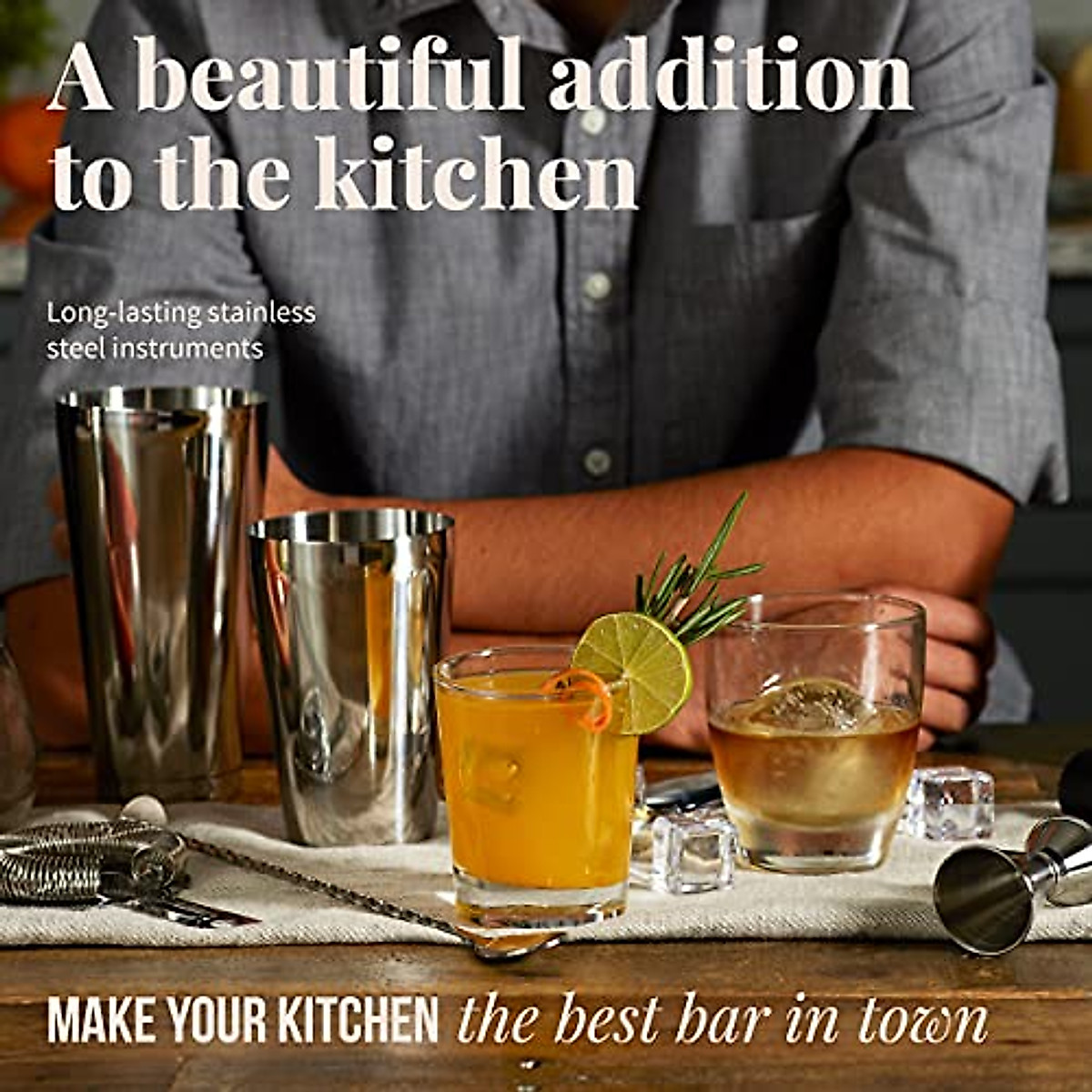 Mixology & Craft Bartender Kit - 13 Piece Set Including Stainless Steel Cocktail Making with Bar Stand & Boston Shaker, Perfect for Drink Mixing at Home, Plus Exclusive Recipe Cards