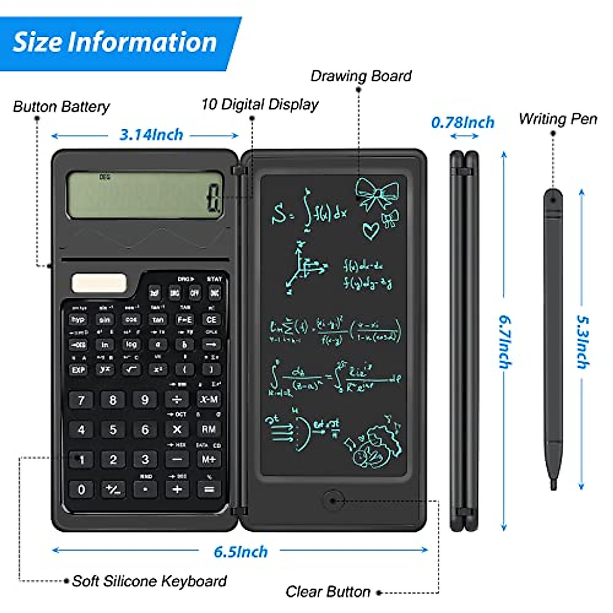 Scientific Calculators with Erasable Writing Tablet, HUIJUTCHEN Foldable 10 Digit Desk Calculator, Solar and Battery Powered, Back to School Supplies for Middle School, High School & College Students