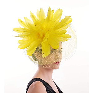 Lucky Leaf Girl Lady Hat Headwear Organza Church Feather Clip Fascinators Hat Wedding Party Kentucky Derby Cap for Women (Large Feather Yellow), Medium