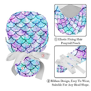 Podery Mermaid Scales Working Cap with Button & Sweatband, 2 Packs Reusable Surgical Surgery Hats Ponytail Holder, Multi Color, Multicolor, Medium-3X-Large