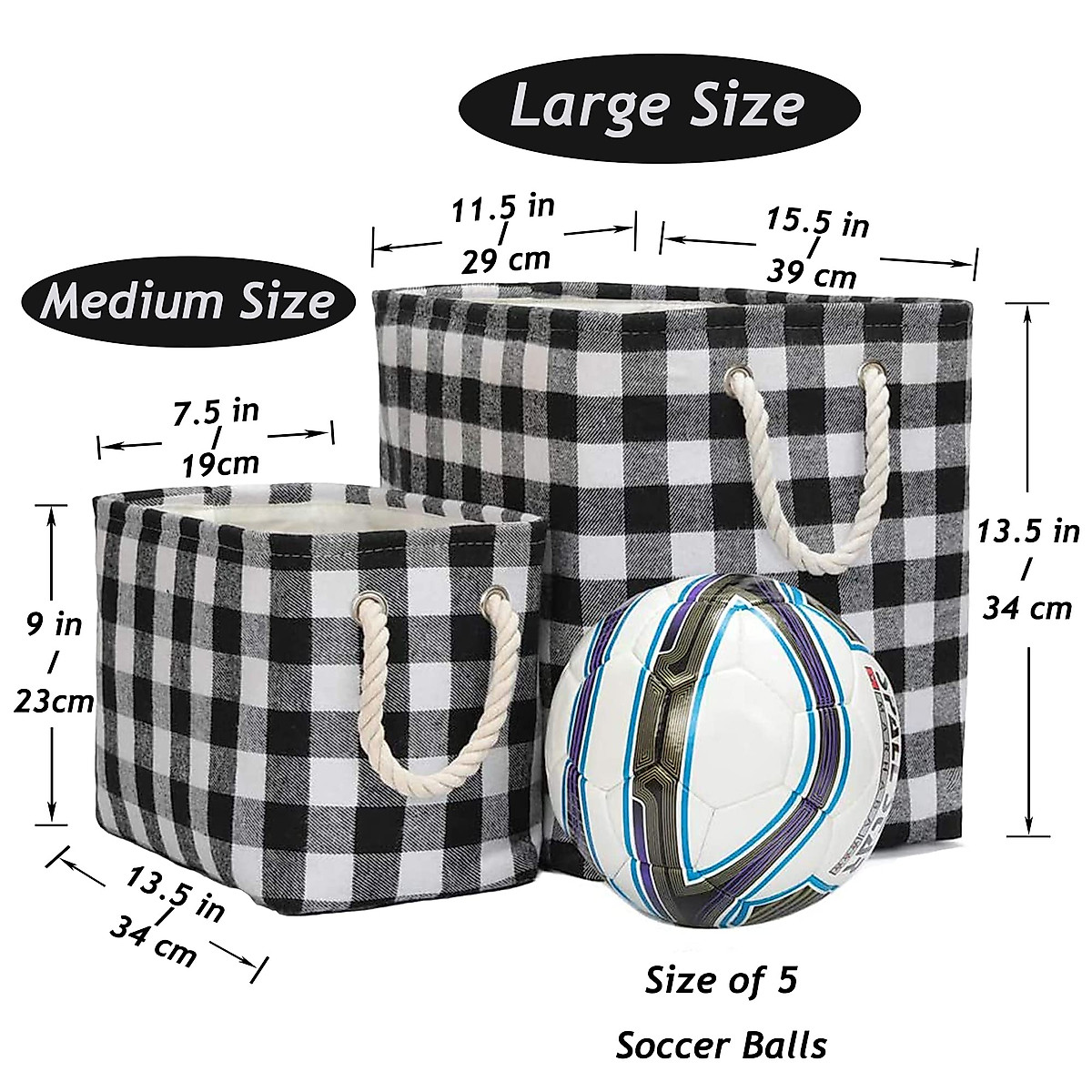 Large Rectangular Decorative Storage Bins Foldable Laundry Hamper Baskets Buffalo Grid Pattern with Rope Handles for Blankets, Toys, Nursery, White Black Grid, L