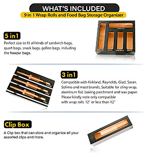 Chef's Haven 9 IN 1 Storage Bag Organizer, Foil and Plastic Wrap Organizer with Cutters, Bamboo Kitchen Baggie Organizer for Drawer, Pantry & Countertop, Storage for Gallon, Quart, Sandwich, Snack Bag