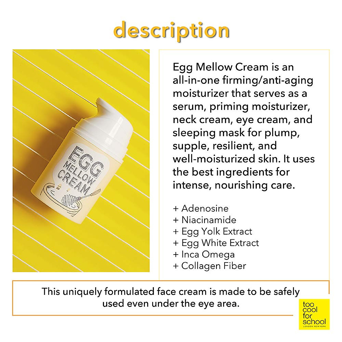 Too Cool For School | All-in-One Egg Mellow Cream 1.76 oz | Anti Aging Face Cream | Anti Wrinkle Firming Moisturizer | 98% Pure Collagen Fiber
