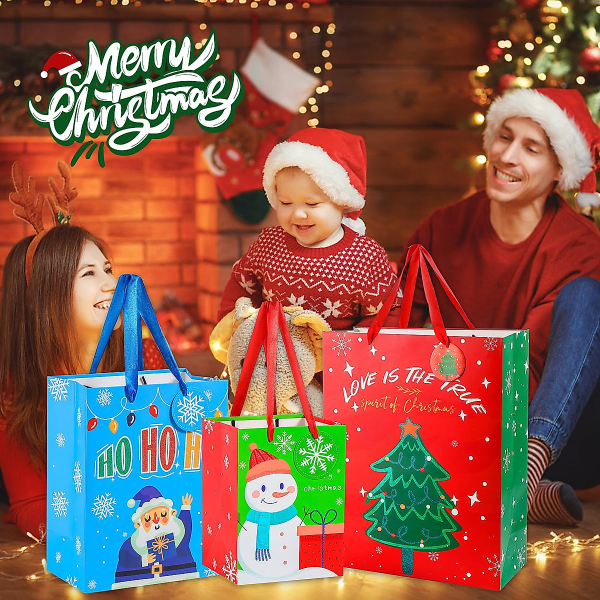 6 PCS Christmas Gift Bags, Christmas Tote Bags with Handles, Assorted Sizes Multifunctional Non-Woven Treat Bags for Gifts Wrapping Shopping, Xmas Party Supplies (2 Large 13", 2 Medium 9", 2 Small 6")