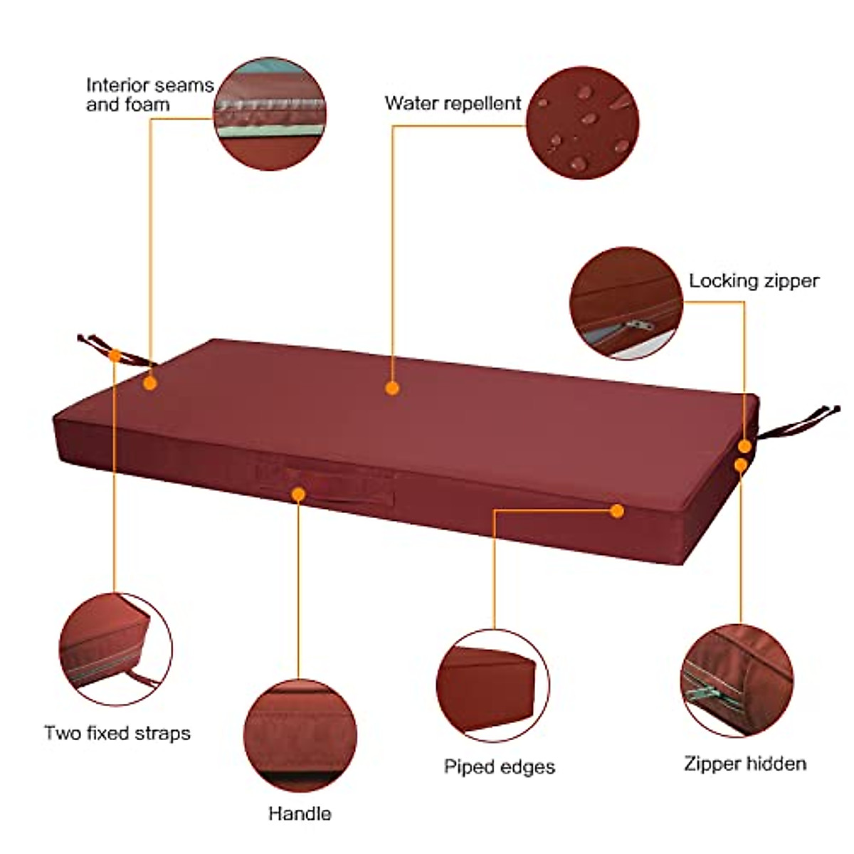 Faible Poisson Outdoor Bench Cushion, 36 x 18 Inch Waterproof Porch Swing Cushions Garden Patio Furniture Cushions with Handle and Anti-Slip Straps for Indoor Backyard Seat Pads, Burgundy