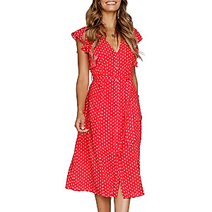 MITILLY Women's Boho Polka Dot Flutter Short Sleeve V Neck Button Down Swing Midi Dress with Pockets Medium Red