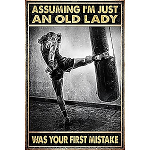 Retro Signs Vintage Toilet Assuming I'M Just An Old Lady Was Your First Mistake Boxing Girl Metal Framed Matted Poster Art Vintage Hotel Decorations Signs Metal Plaques Bathroom Wall Decor 8x12inch