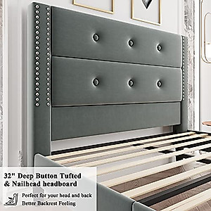 iPormis King Size Platform Bed Frame, Velvet Upholstered Bed Frame with Button Tufted & Nailhead Headboard, Wooden Slats Support, No Box Spring Needed, Noise-Free, Gray