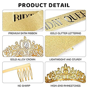 GINZU Birthday Queen Sash and Crystal Tiara Set, Gold Tiara and Crowns for Women Birthday Gift for Girl Kit Decorations Set Rhinestone Hair Accessories Glitter Stain Silk Sash for Party