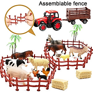 3 Pack Farm Toy Tractor with 40pcs Plastic Animals Figurines and Fence Playset, Farm Figures Farmer Vehicle Toy Truck with Trailer for 3-12 Years Old Kids Boys Girls Toddlers