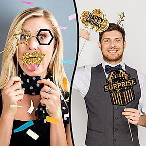 36 Pcs Birthday Photo Booth Props Kit 40th- 50th-60th Happy Birthday Wedding Party Favors Supplies Bday Party Decor Photobooth Funny Cute Holiday Birthday Party Supplies(Gold and Black)