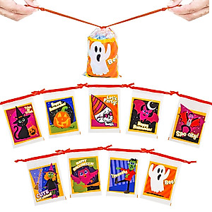 JOYIN 72 Pcs Halloween Plastic Treat Bags with Drawstrings, Small Trick or Treat Candy Bags in 9 Designs, Small Halloween Goodie Gift Bags Halloween Party Favors Supplies
