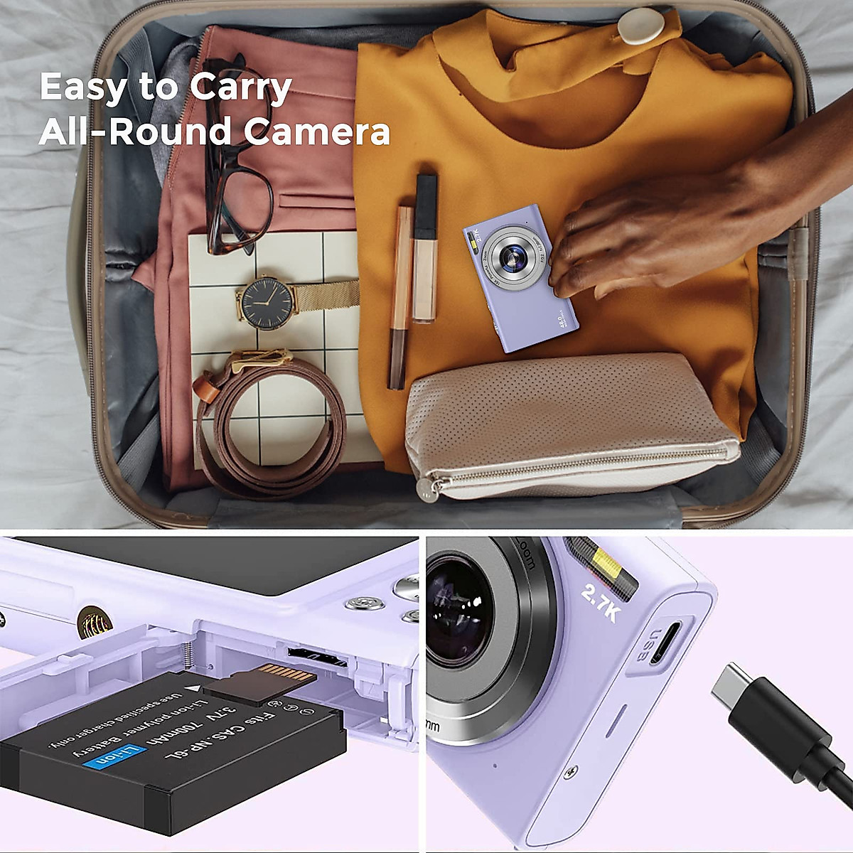 Jckduhan Digital Camera Auto Focus 2.7K Vlogging Camera HD 48MP 16X Digital Zoom Camera with 32G Memory Card 2 Batteries YouTube Portable Mini Compact Camera for Kids Teens Adult Beginner