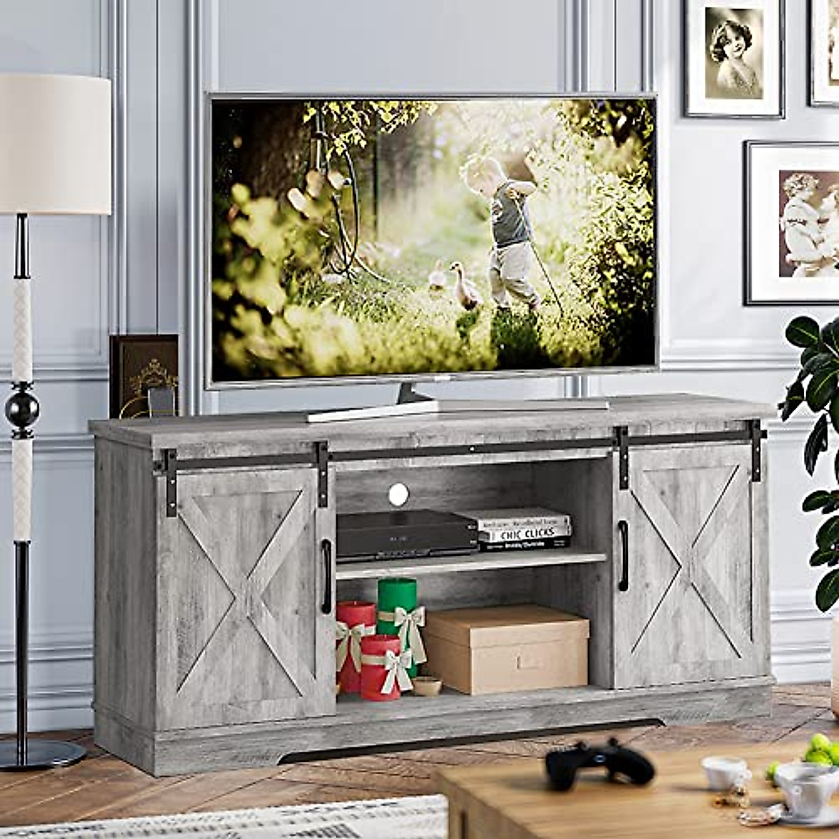 Amyove Farmhouse Stand for 65 Inch TV, Entertainment Center TV Media Console Table, Tall Stand with Storage, Barn Doors and Shelves, Grey Modern Cabinet Furniture for Living Room