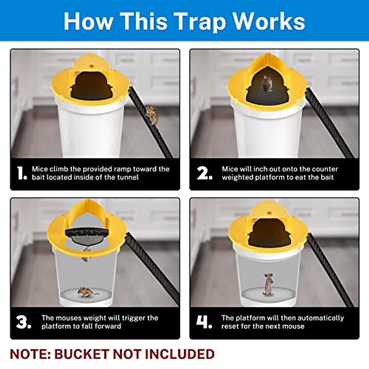Avivos - Flip N Slide Bucket Lid Mouse Trap |Humane or Lethal| |Trap Door Style| |Multi Catch |Auto Reset| |Indoor Outdoor| |No See Kill| |5 Gallon Bucket Compatible(1 Pack)