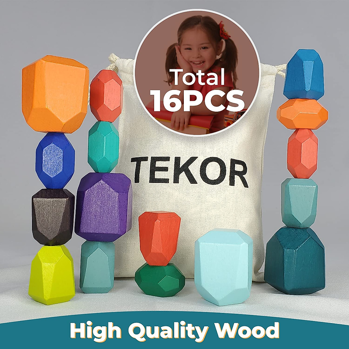 TEKOR 16 Pcs Wooden Stacking Rocks, Rainbow Balancing Stones, Natural Wooden Building Blocks, Educational Preschool Learning Lightweight Montessori Toys for Toddlers Boys Girls