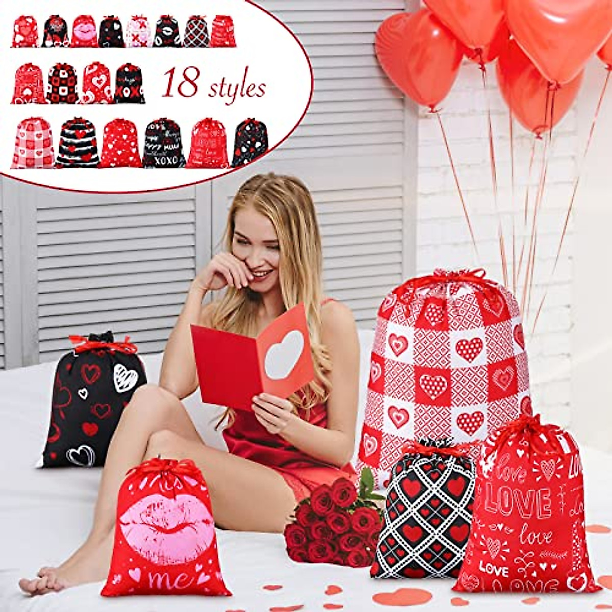 36 Pieces Large Wedding Drawstring Bags Heart Gift Wrapping Bags Candy Wedding Cookie Bags for Wedding Party Favors Bridal Shower, Assorted Sizes and Designs