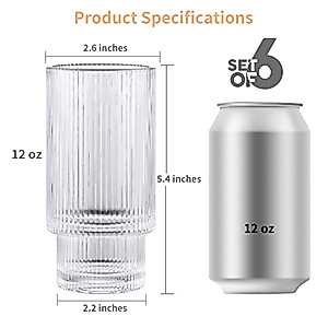 BJMEDYM Ribbed Glassware, Vintage Glassware 6pc Set, 12 oz Origami Style Glass Cup, Ripple Drinking Glasses, Fluted Glassware, Ribbed Drinking Glasses