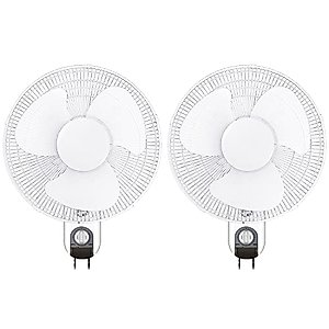 HealSmart Digital Household Wall Mount Fans 16 Inch Adjustable Tilt, 90 Degree, 3 Speed Settings, 2 Pack, White