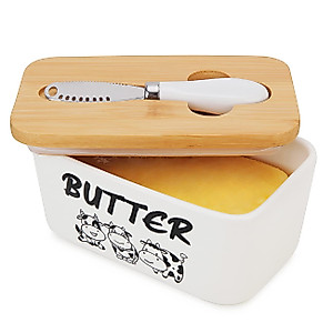 Butter Dish with Lid, Kitchenexus Ceramic Butter Keeper with Bamboo Cover & Butter Knife Spreader, Porcelain Butter Bowl Holder Container Perfect for Butter West or East Coast Butter