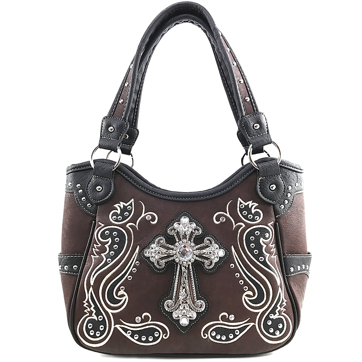 Justin West Rhinestone Cross Western Floral Embroidery Messenger Bag with Conceal Carry (Brown Purse)