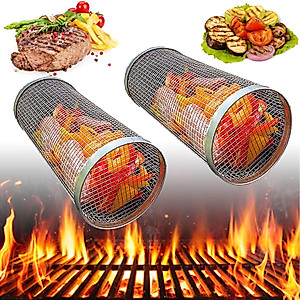 Rolling Grilling Baskets for Outdoor Grilling,BBQ Rolling Grill Basket,Grilling Basket,Rolling Grill Baskets for Outdoor Grill Vegetables,French Fries,Seafood,Meat (11.8X 3.74 inch) (Size : 2PCS 7.87