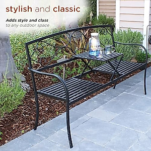 Alpine Corporation Alpine Metal Garden Outdoor Bench with Retractable Table VTFAM114, Black