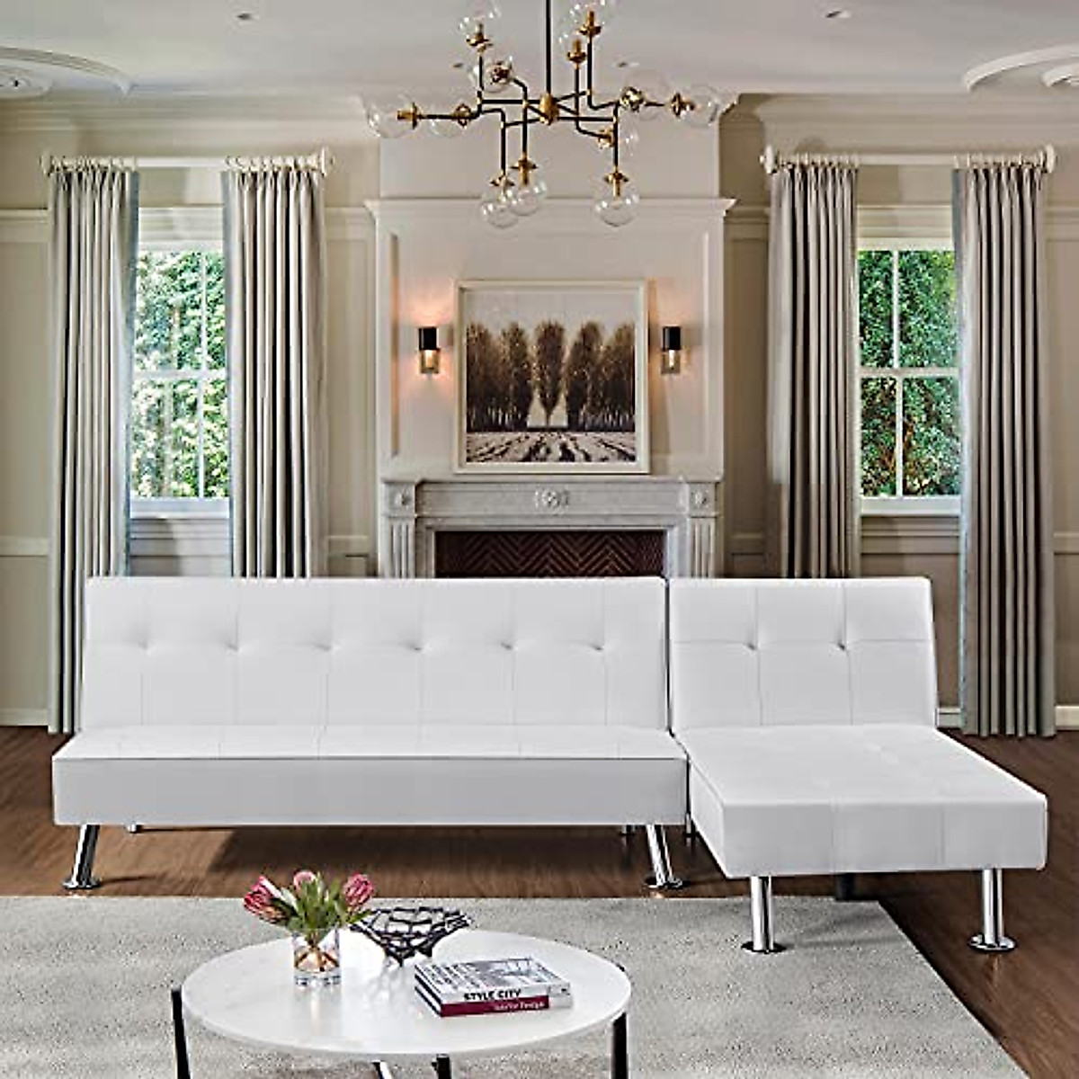 Topeakmart Convertible Sofa Bed Tufted Faux Leather Couch Bed with Chrome Metal Legs Adjustable Backrest Easily Converts to Recliner and Bed Comfortable Sofa for Living Room/Bed Room/Apartment,White