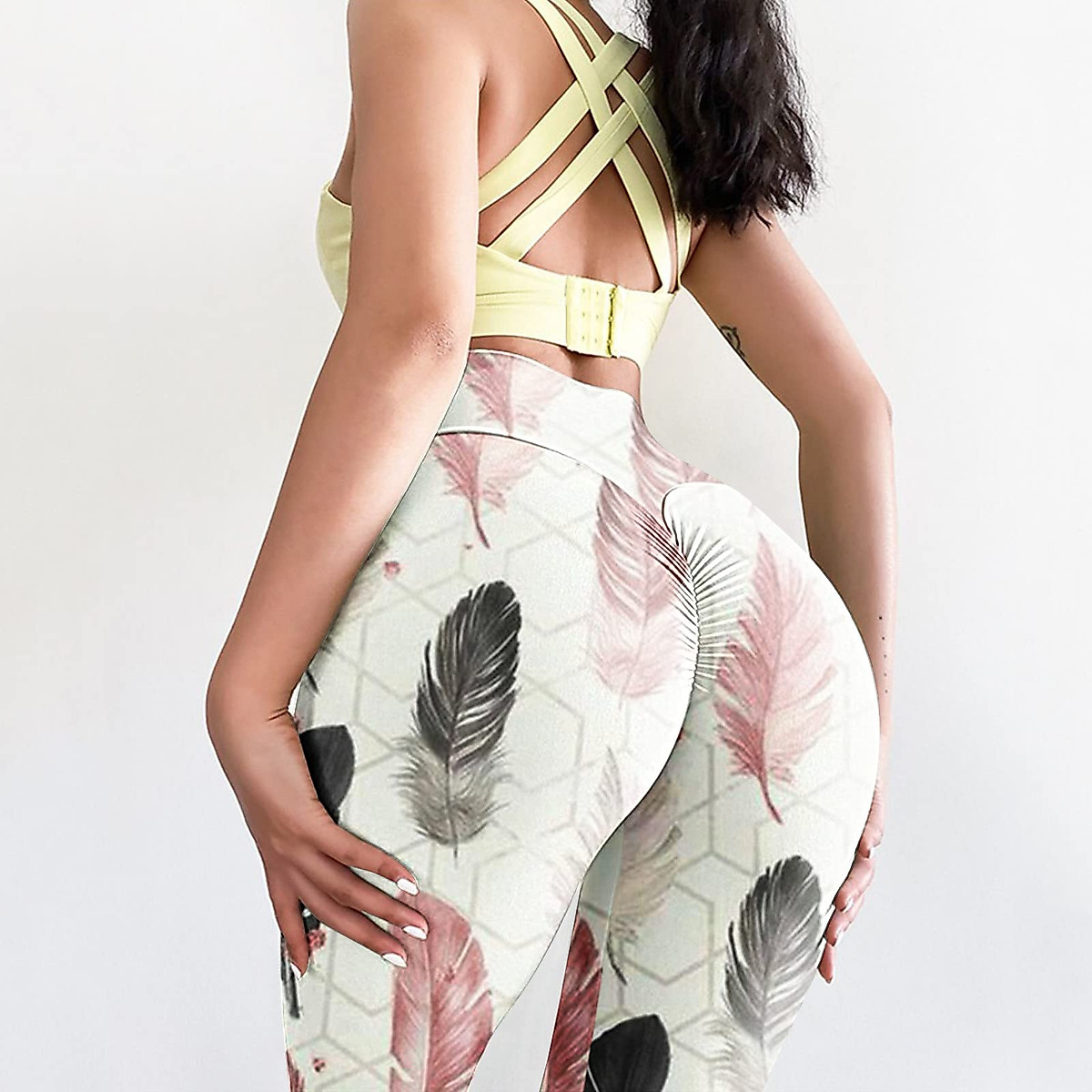 Butt Lifting Workout Leggings for Women High Waisted Ultra Soft Tummy Control Booty Tight Stretchy and Soft Opaque Slimming Feathers Printed Pants for Running Cycling Yoga White